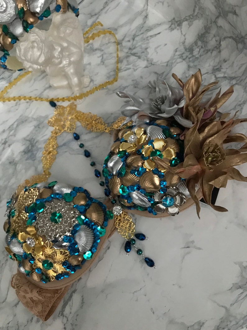 Halloween Mermaid Bra Top Shell Goddess Aquamarine Gold Crown | Etsy