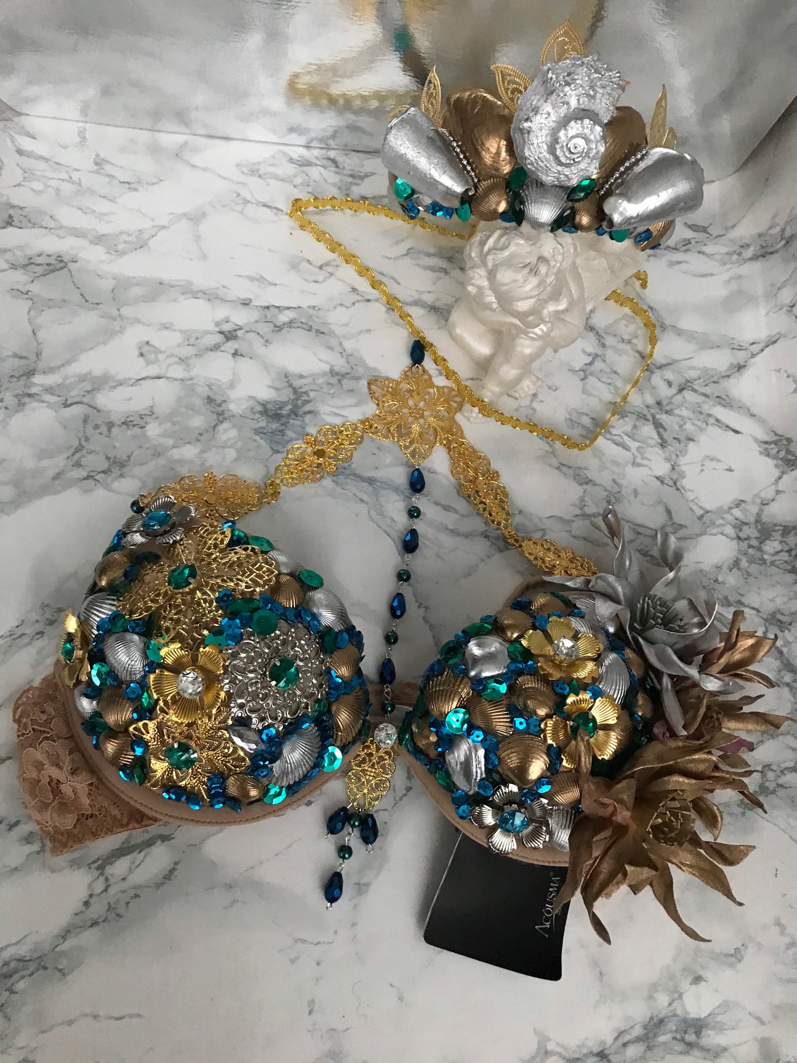 Halloween Mermaid Bra Top Shell Goddess Aquamarine Gold Crown - Etsy