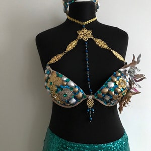 Halloween Mermaid Bra Top Shell Goddess Aquamarine Gold Crown Sequins ...