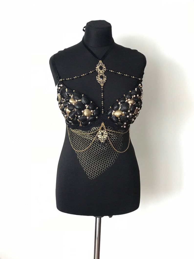 Mermaid Bra Shell Black Fishing Net Gold Dance Seashell Raw Wedding Top ...