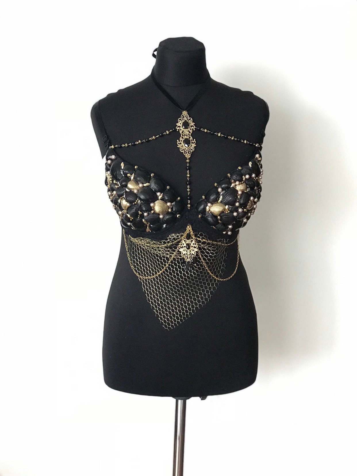 Mermaid Bra Shell Black Fishing Net Gold Dance Seashell Raw Wedding Top ...