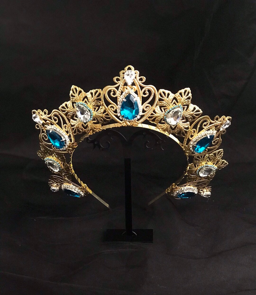 Light Blue Wedding Crown Gold Metal Crystal Bridal Royal Imperial ...