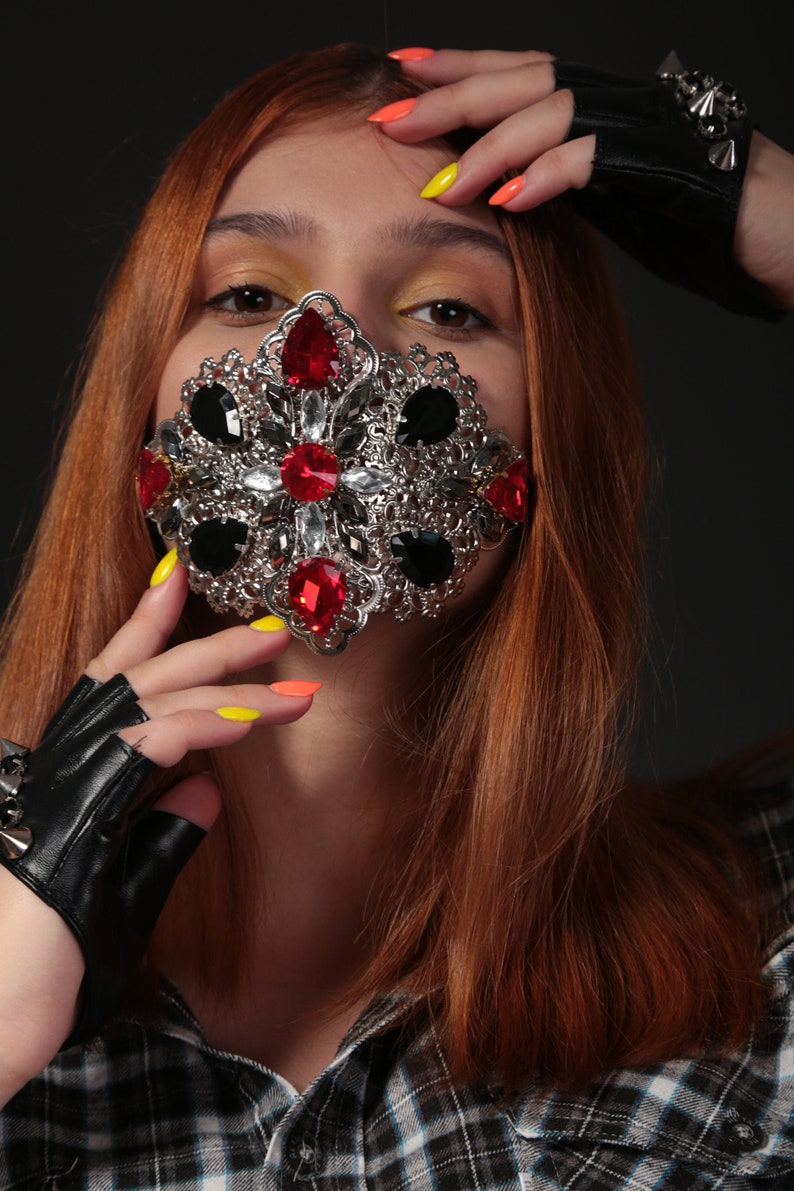 Crystal Mouth Mask Silver Red Black Rave Face Mask Festival - Etsy