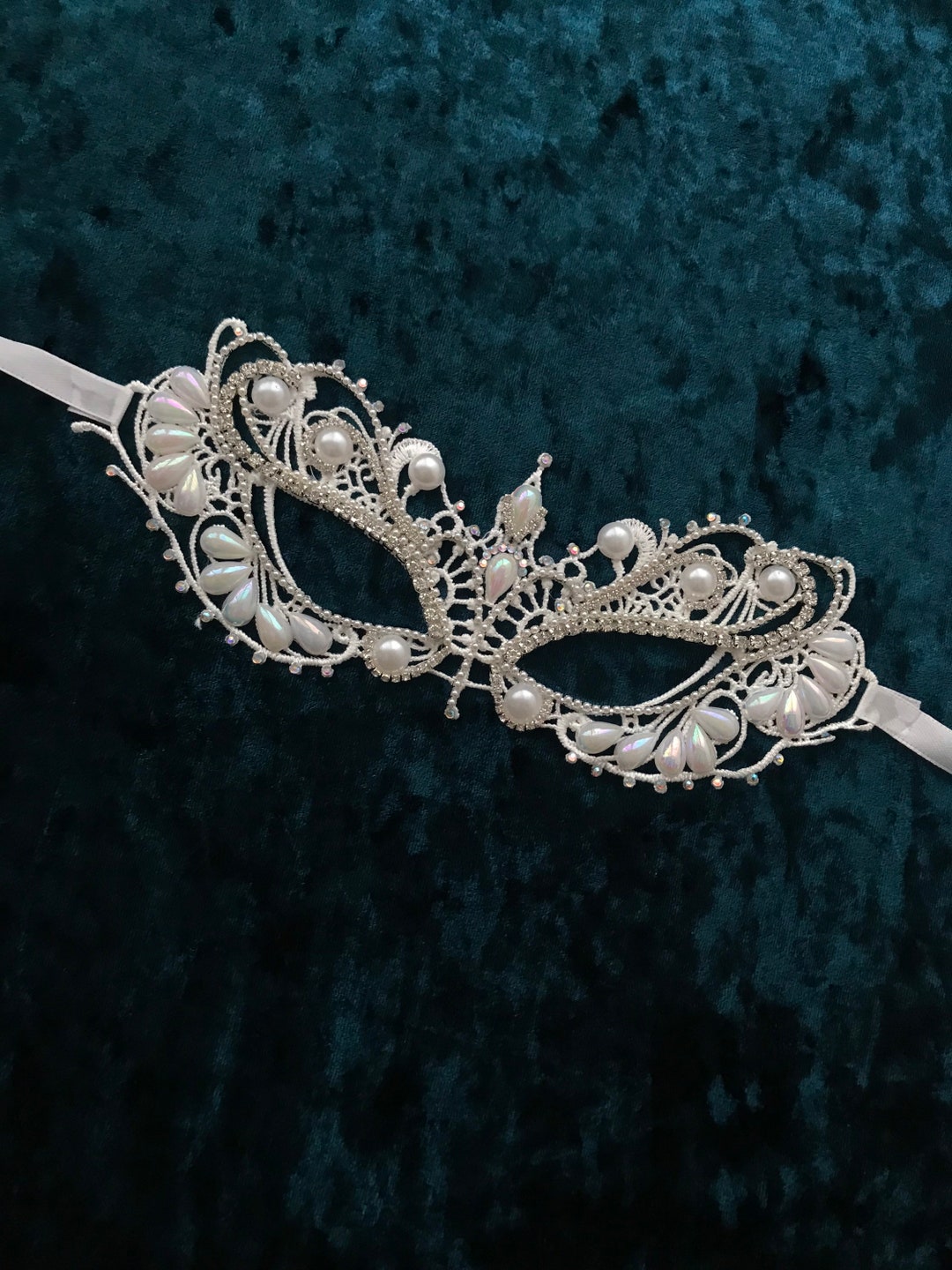 Lace Pearl Rhinestone Masquerade Venetian Mask White Wedding Mask ...