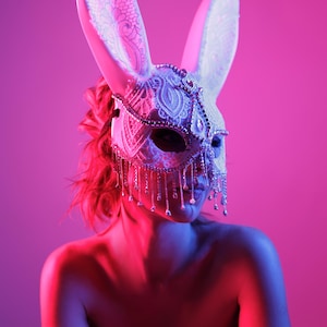White Bunny Mask Lace Crystals Celestial Rubbit Headpiece for ...