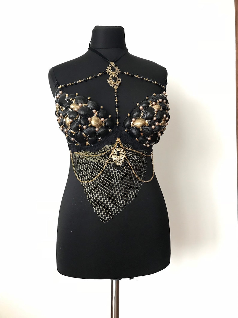 Mermaid Bra Shell Black Fishing Net Gold Dance Seashell Raw Wedding Top ...