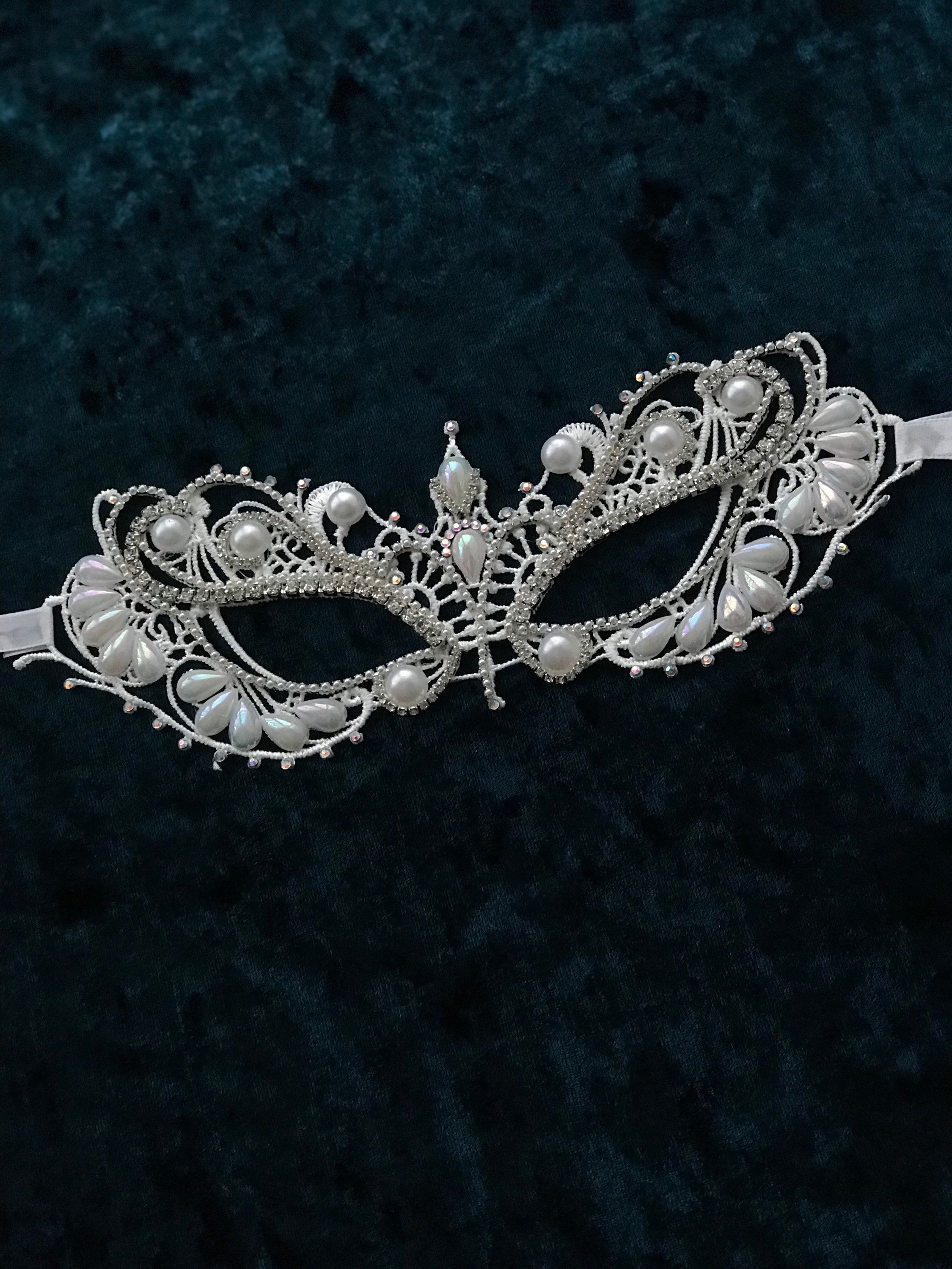 Lace Pearl Rhinestone Masquerade Venetian Mask White Wedding - Etsy