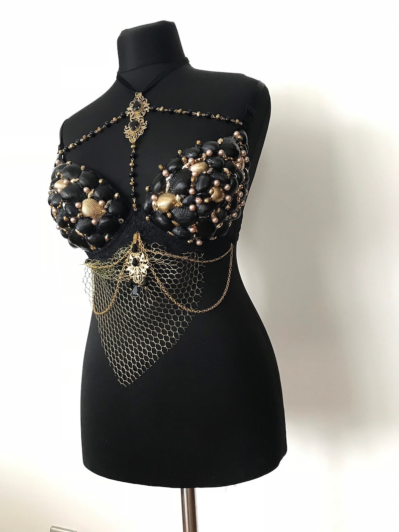 Mermaid Bra Shell Black Fishing Net Gold Dance Seashell Raw Wedding Top ...