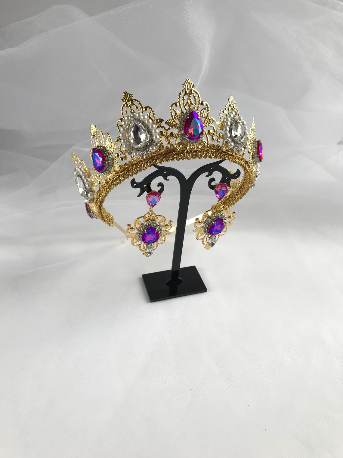 Queen Crown Tiara Gold Pink Jewelry Set Crystal Pearls Wedding Bridal ...