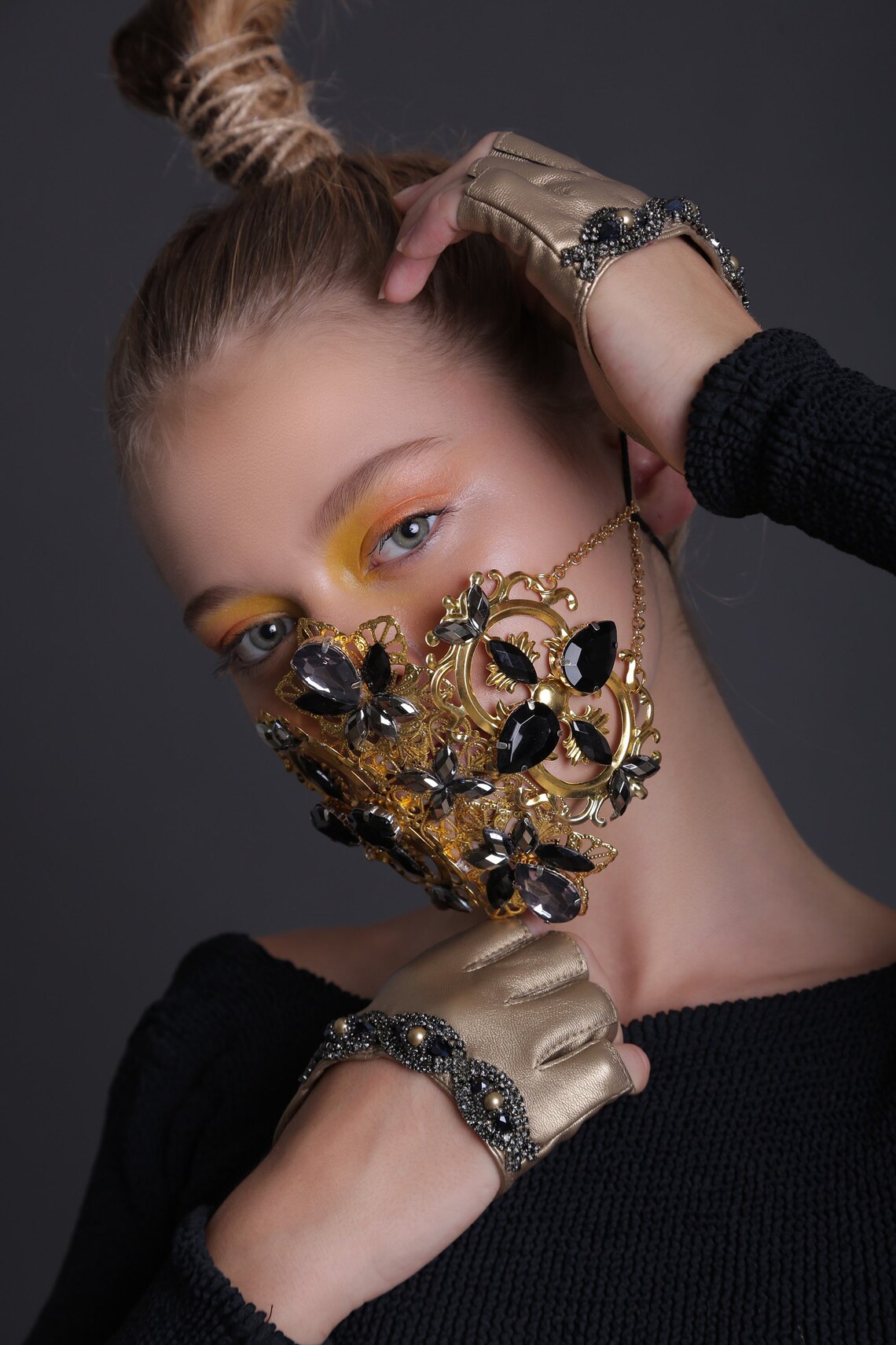 Crystal Mouth Face Mask Gold Black Driver Gloves Rave Festival Burning ...