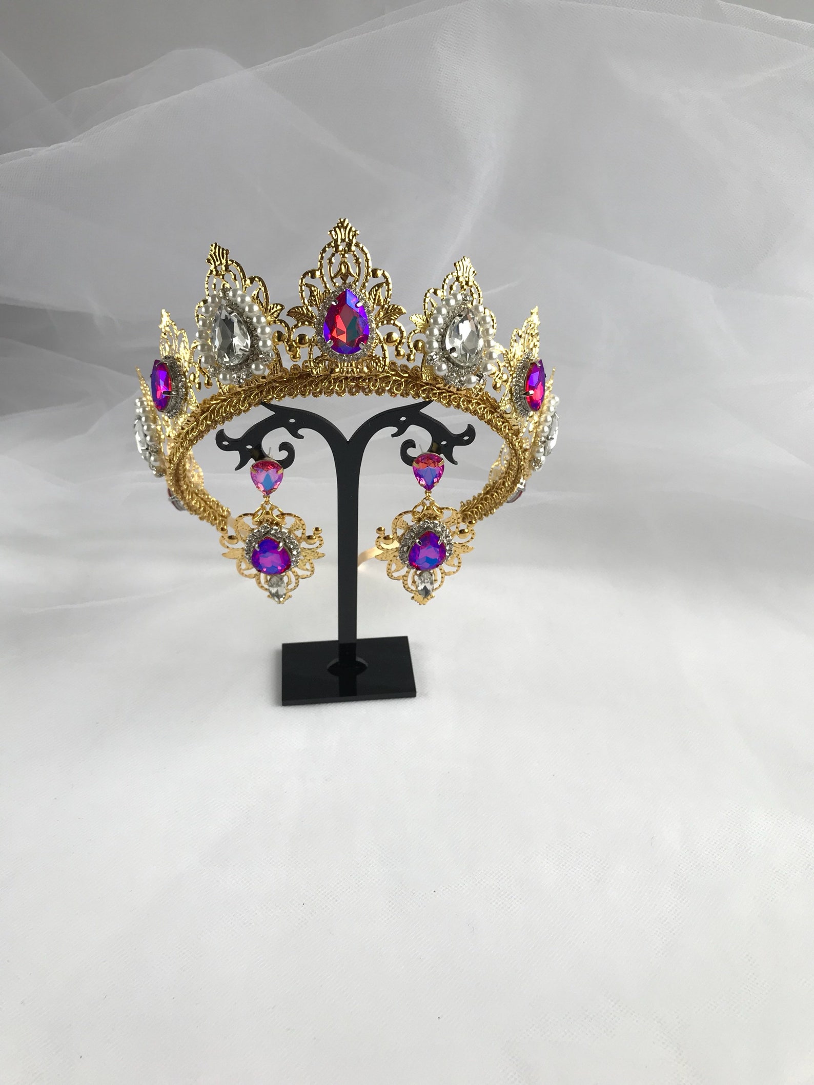 Queen Crown Tiara Gold Pink Jewelry Set Crystal Pearls Wedding Bridal ...