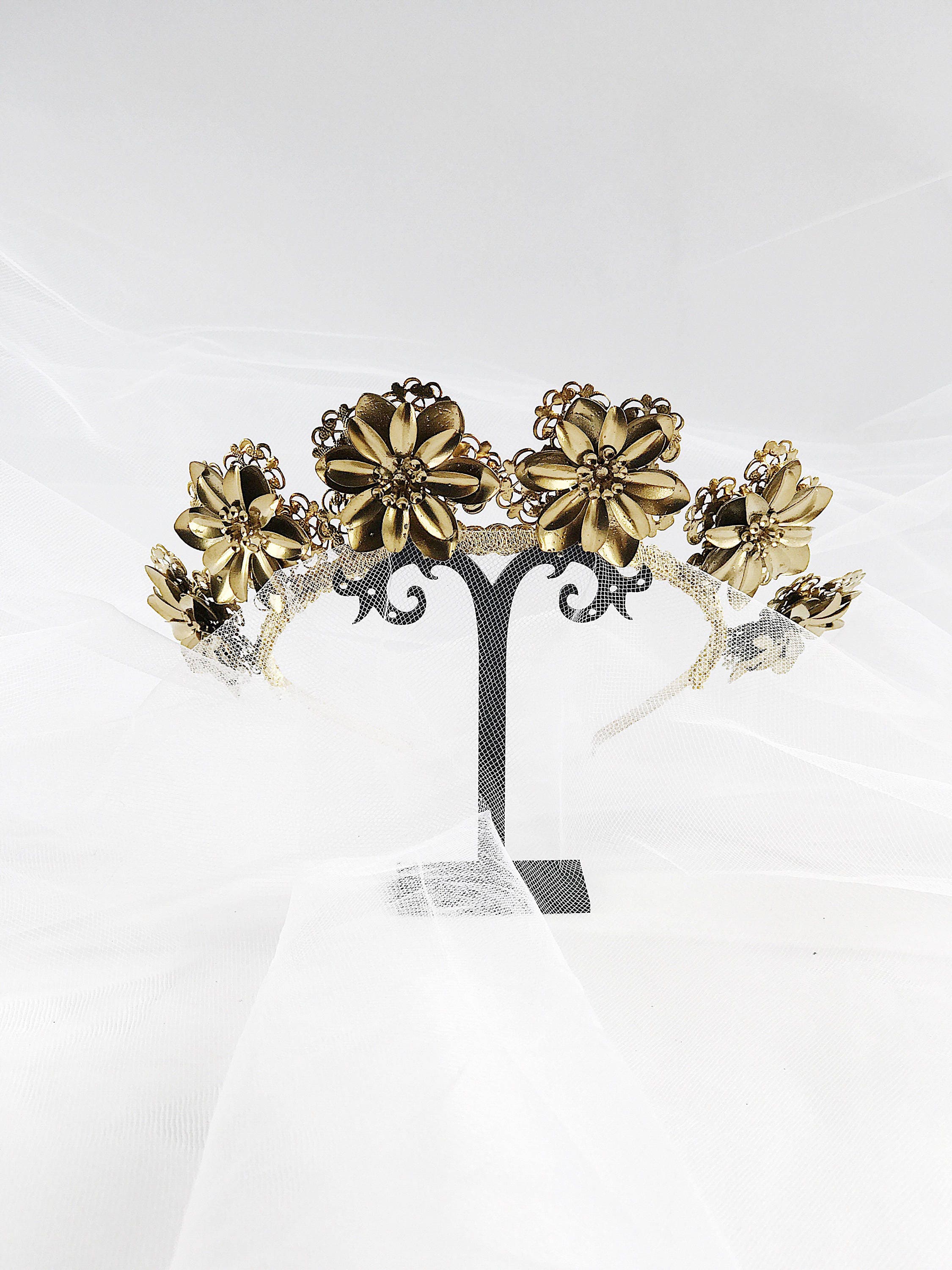 Bride Gold Crown Headpiece Tiara Wedding Metal Flowers Dolce | Etsy