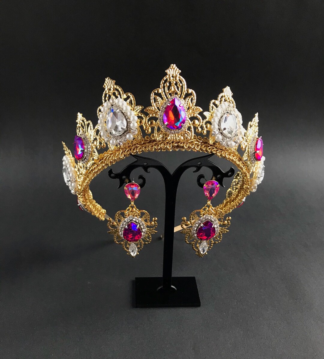 Queen Crown Tiara Gold Pink Jewelry Set Crystal Pearls Wedding Bridal ...