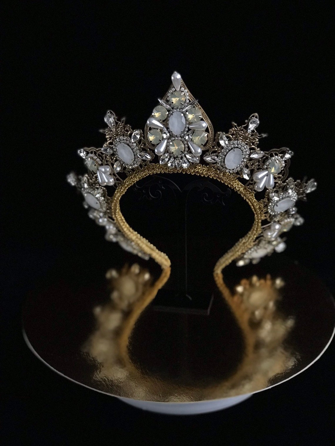 Custom Opal Pearl Gold Wedding Crown Tiara Bridal Crystal - Etsy