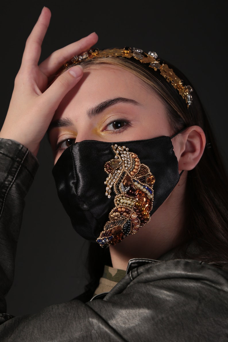 Rhinestone Face Mask Satin Crystals Black Silk Feather | Etsy