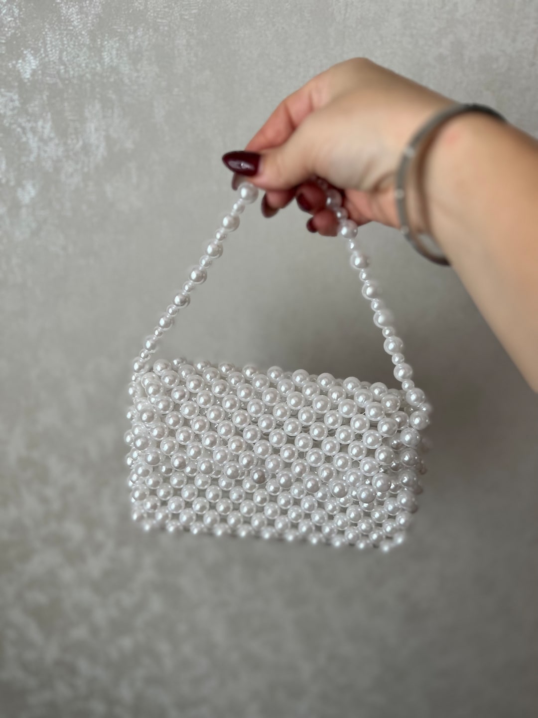 Mini Bead Bag Pearl White Small Bead Purse Beaded Tote Bag Handbag Top ...