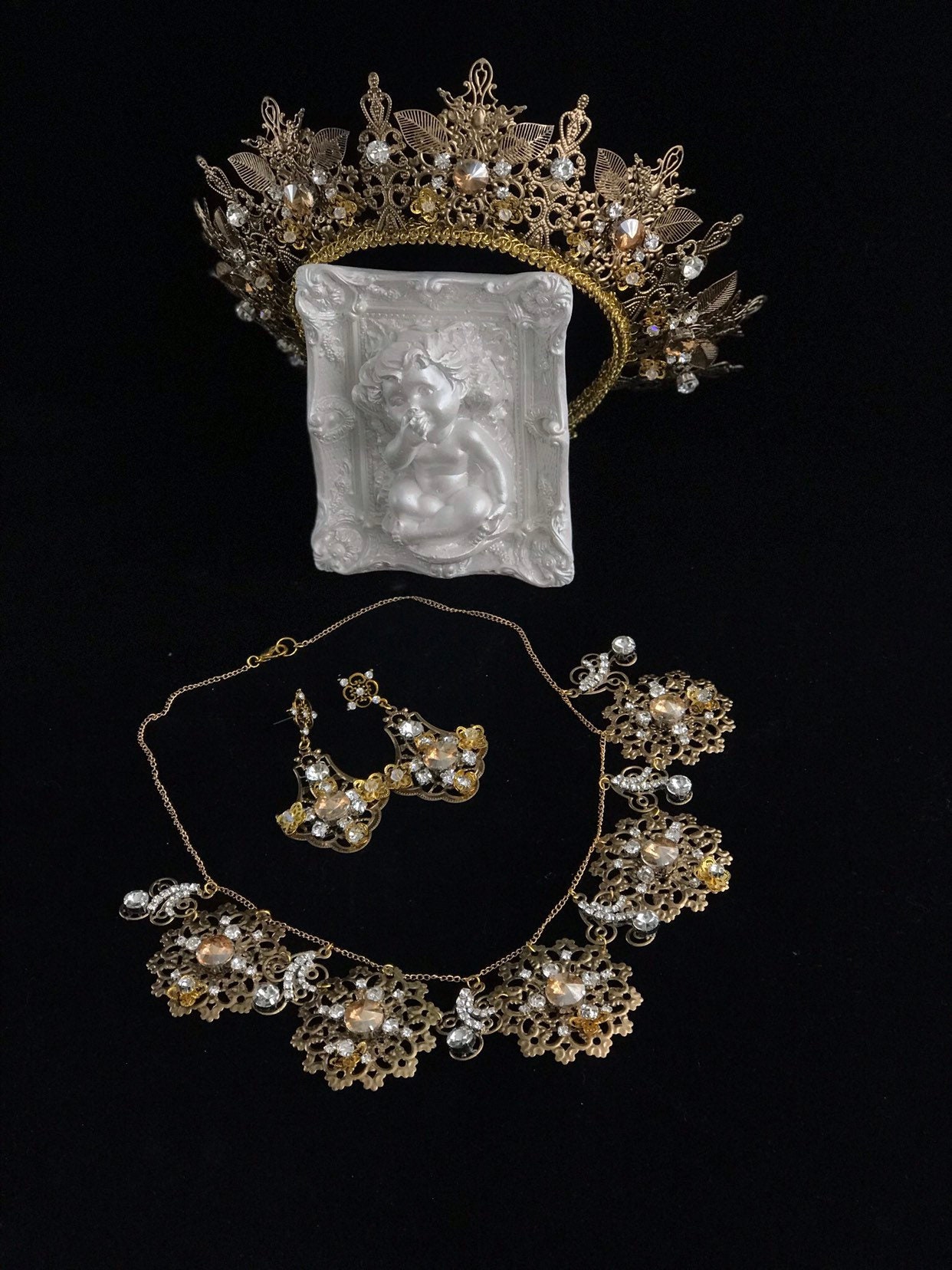 Wedding Gold Crown Headband Bridal Jewelry Set Tiara Earrings | Etsy