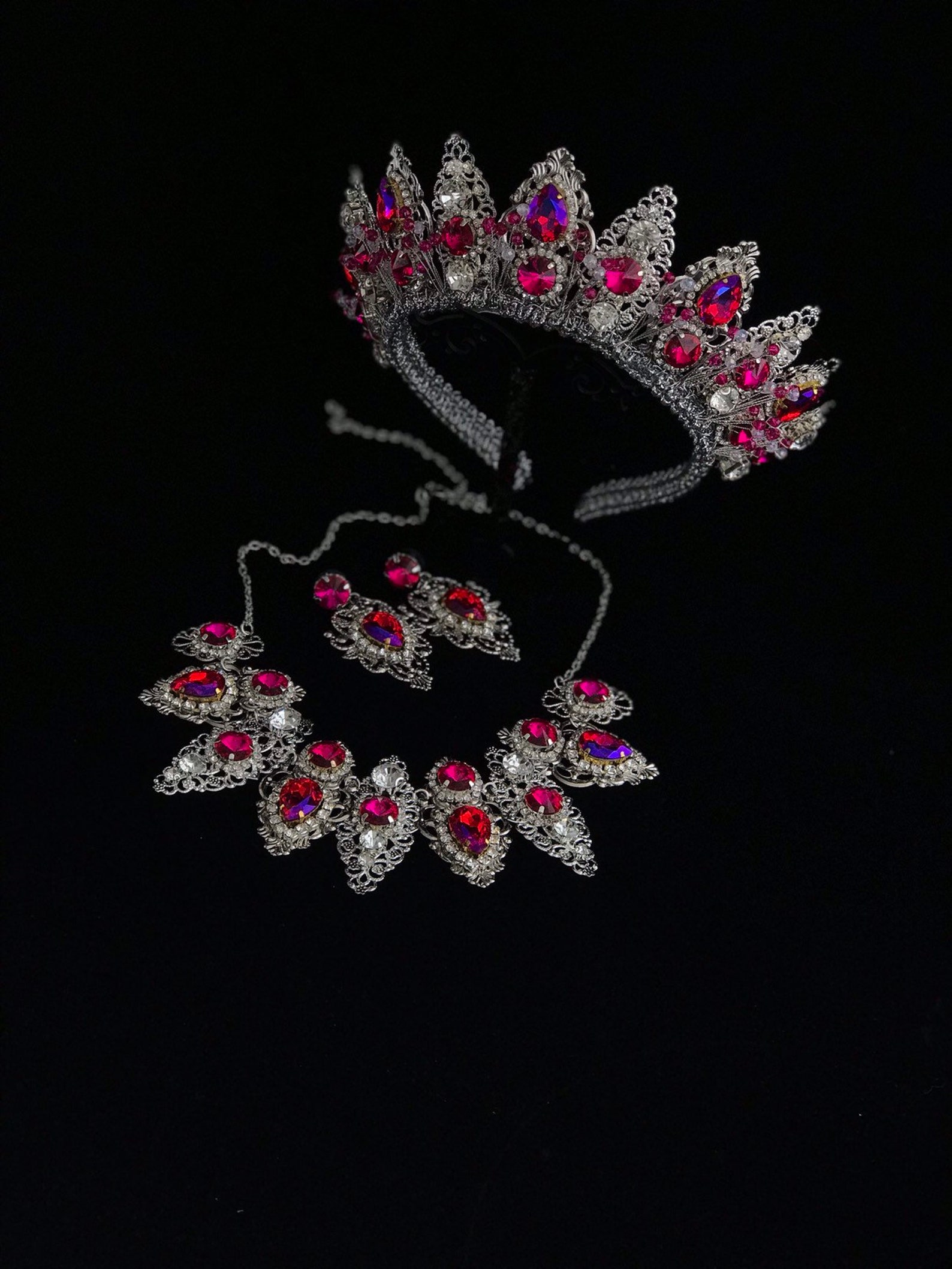 Hot Pink Crown Necklace Earrings Jewelry Set Silver Metal - Etsy