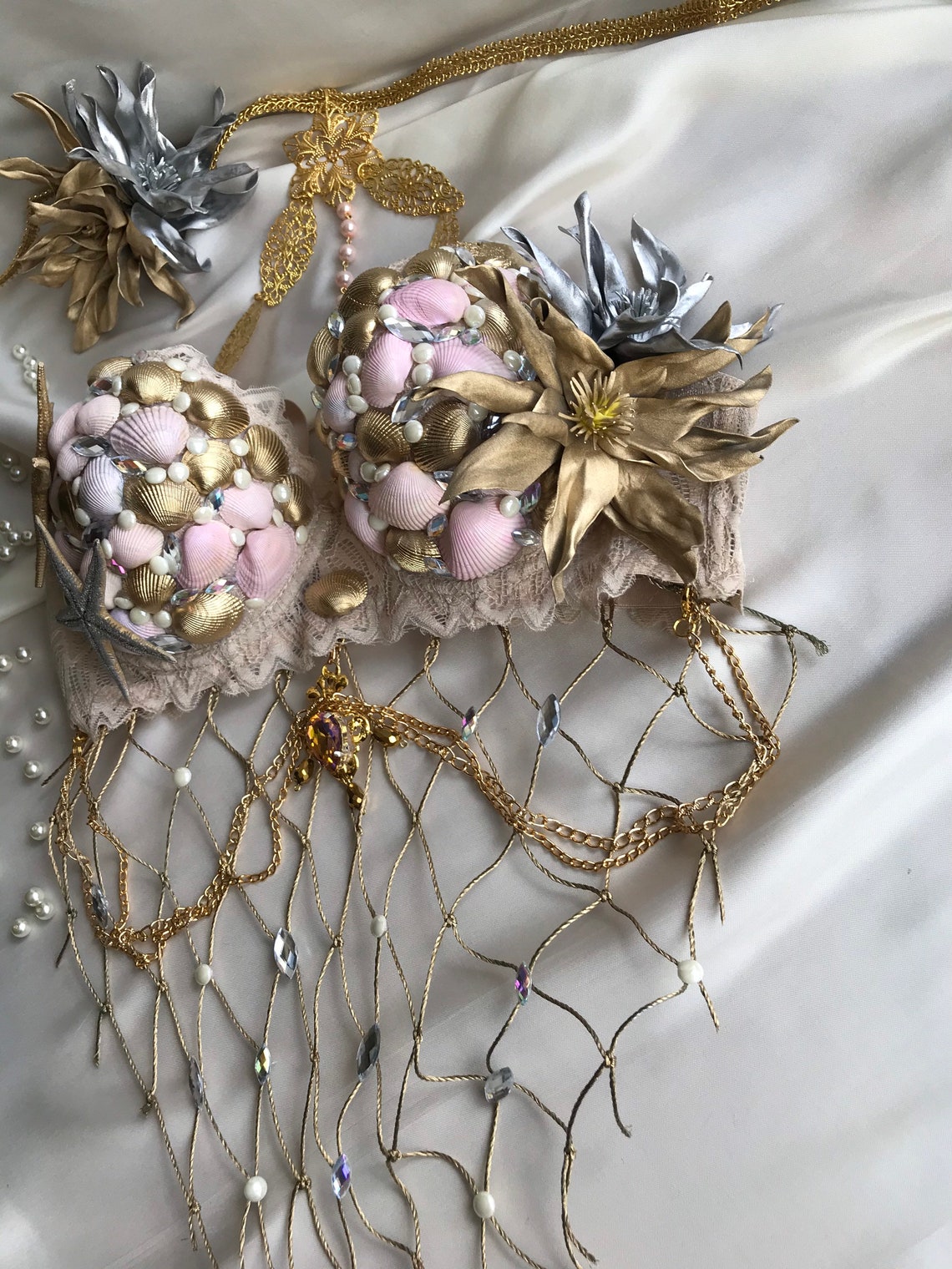 Mermaid Bra Seashell Top Siren Shell Gold Pink Dance Fishnet Star Raw ...