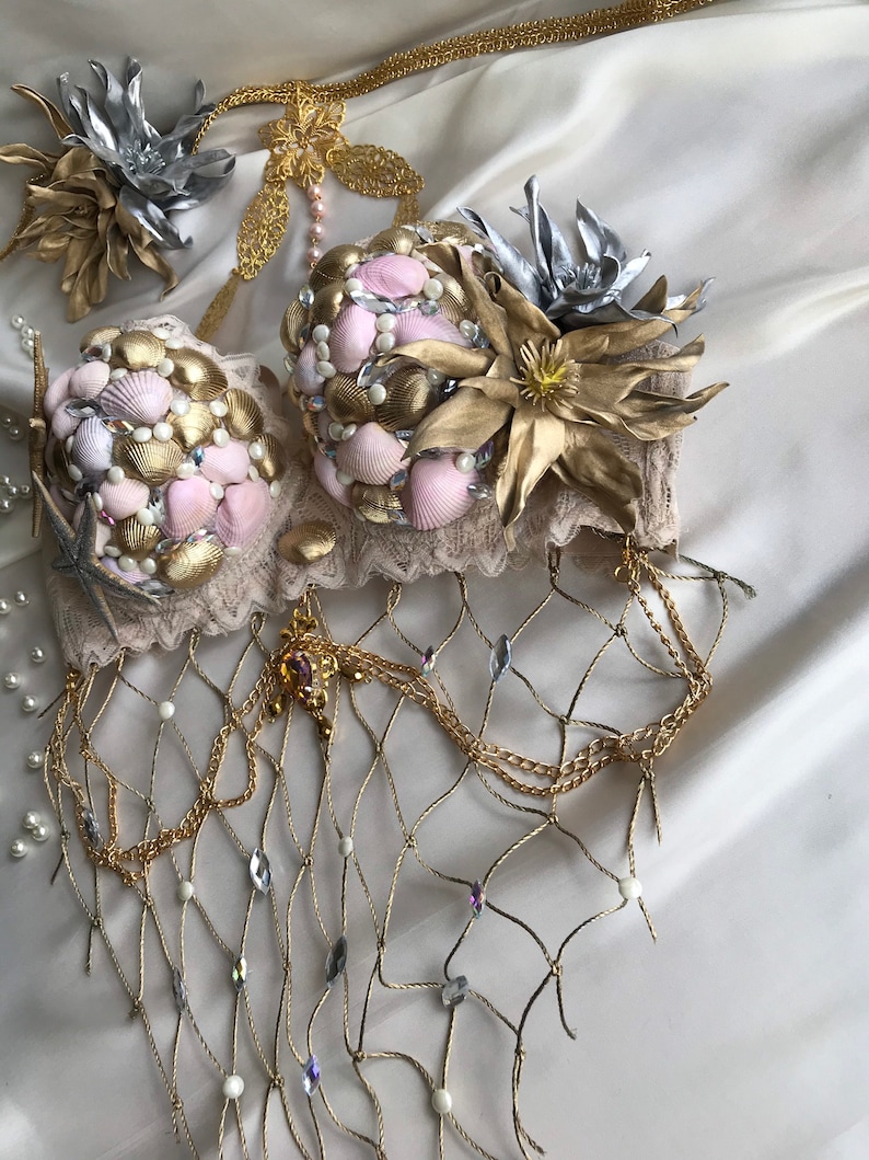 Mermaid Bra Seashell Top Siren Shell Gold Pink Dance Fishnet Star Raw ...