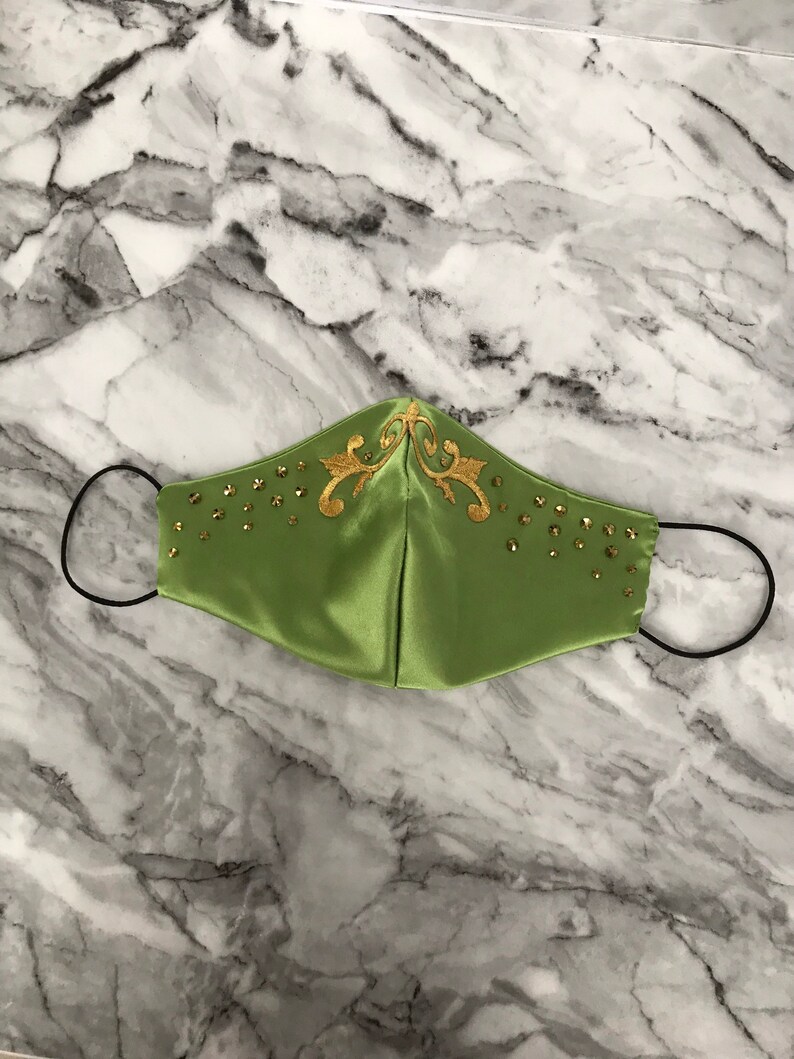 Lime Green Face Mask Satin Rhinestone Crystals Gold Silk | Etsy