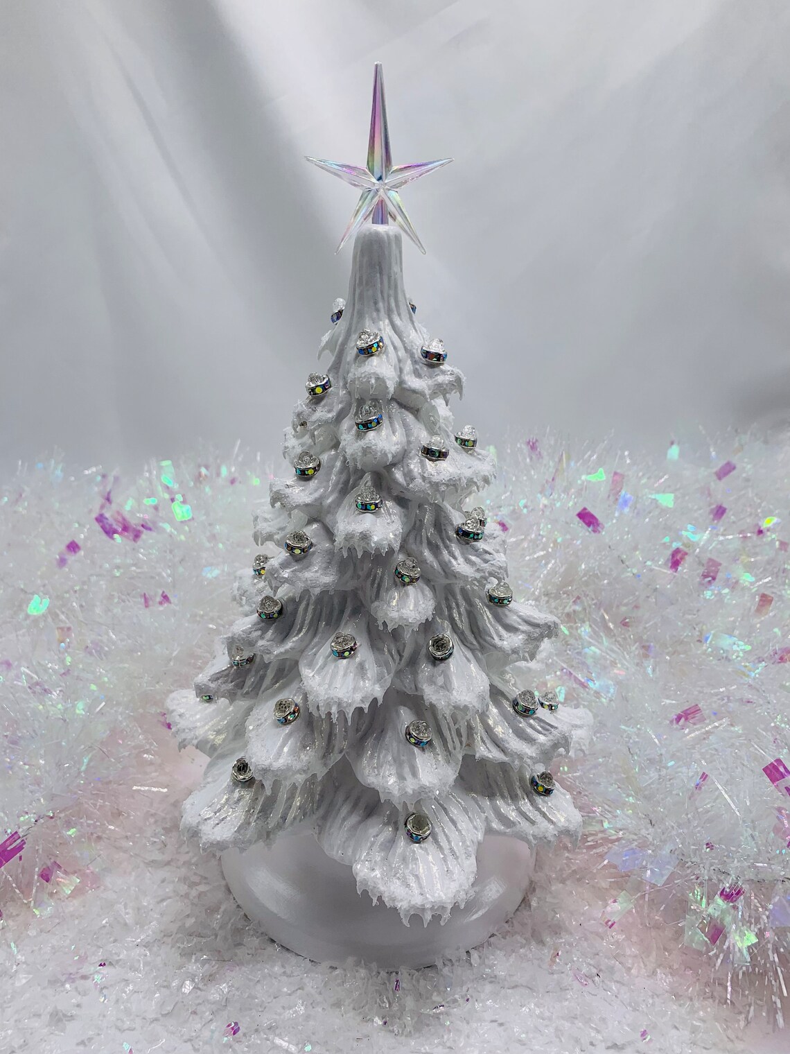 Ceramic Christmas Tree White Iridescent Gems Gold Shimmer and Icy Snow ...