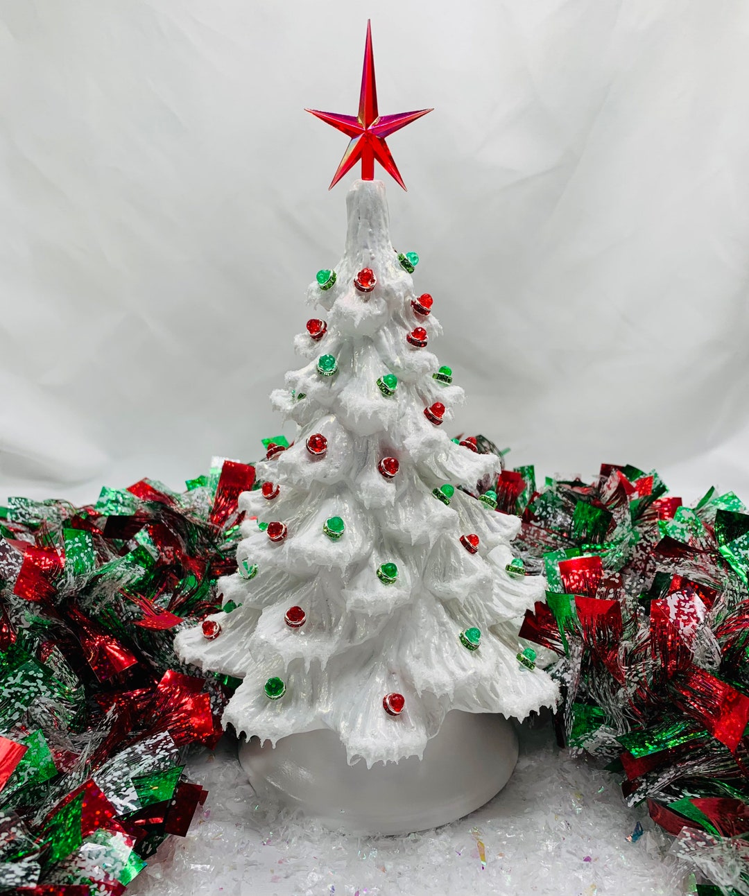 Ceramic Christmas Tree Small White Red and Green Gems Golden Shimmer and Icy Snow Etsy Canada