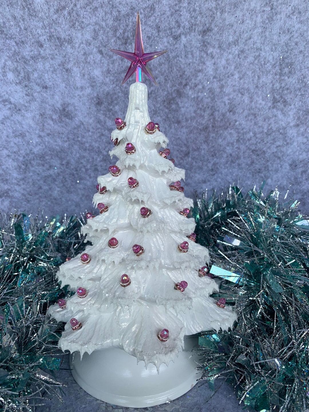Ceramic Christmas Tree Small White Aurora Pink and Gems Golden Shimmer ...
