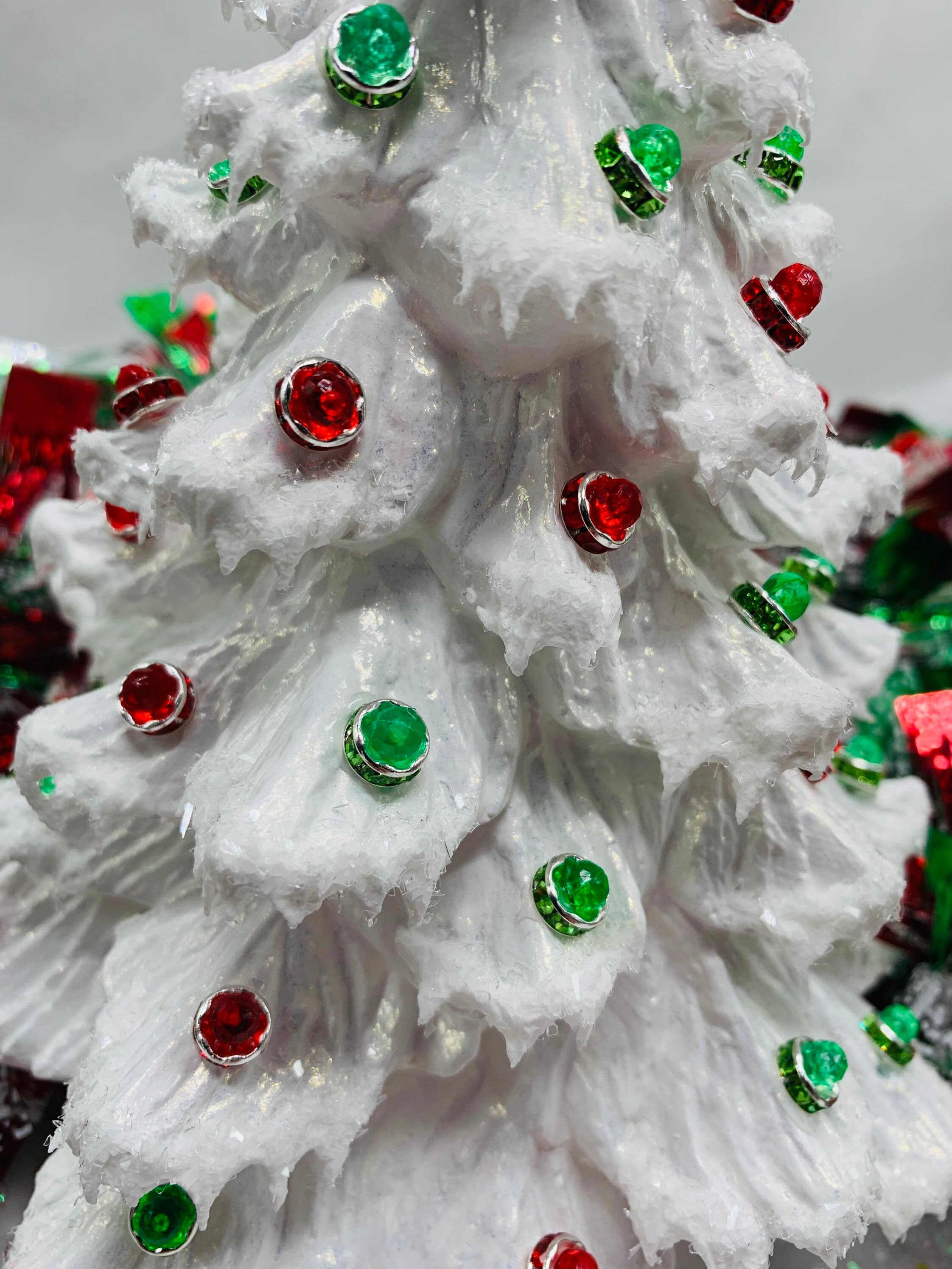 Ceramic Christmas Tree Small White Red and Green Gems Golden Shimmer ...