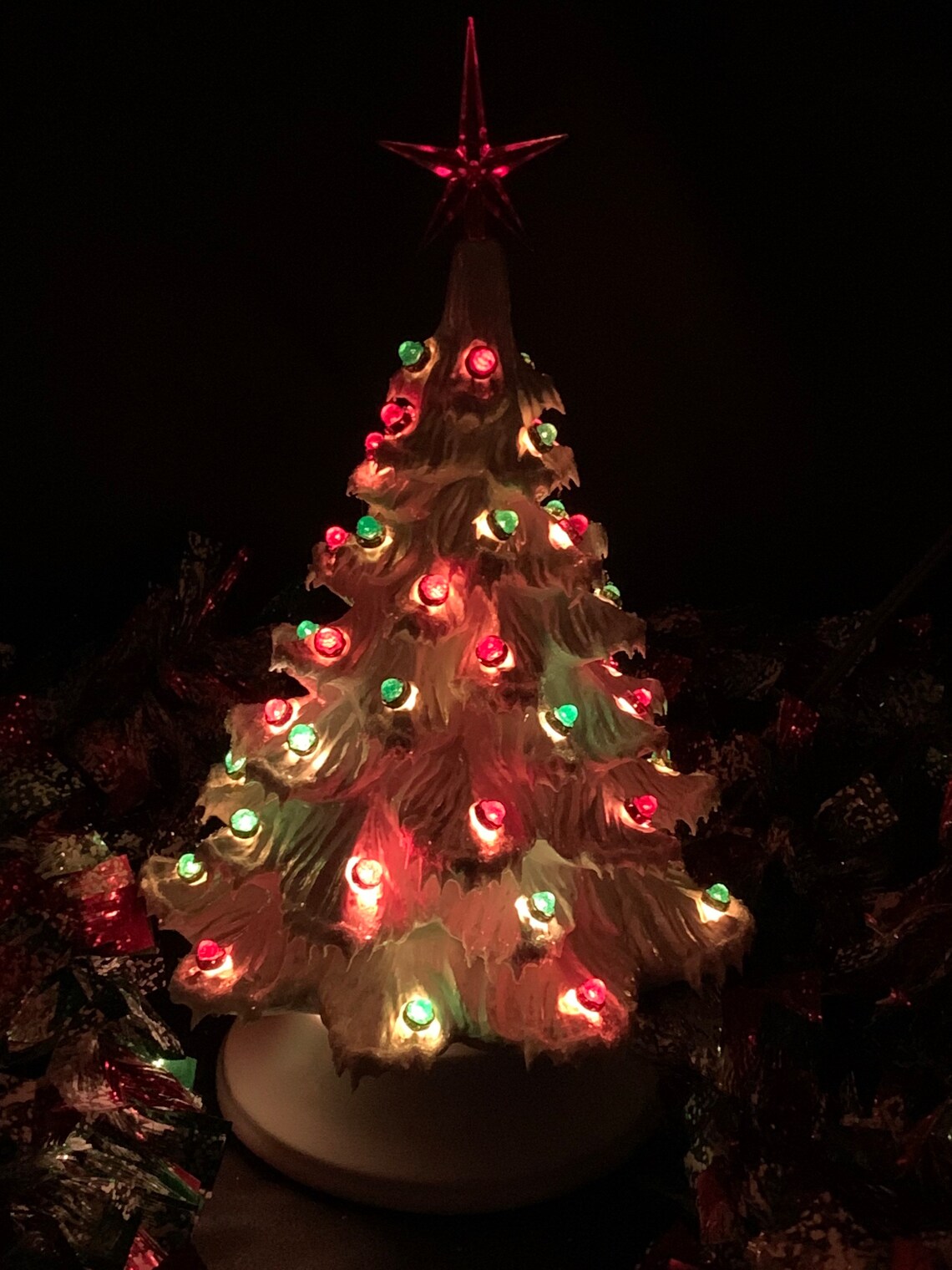 Ceramic Christmas Tree Small White Red and Green Gems Golden Shimmer ...