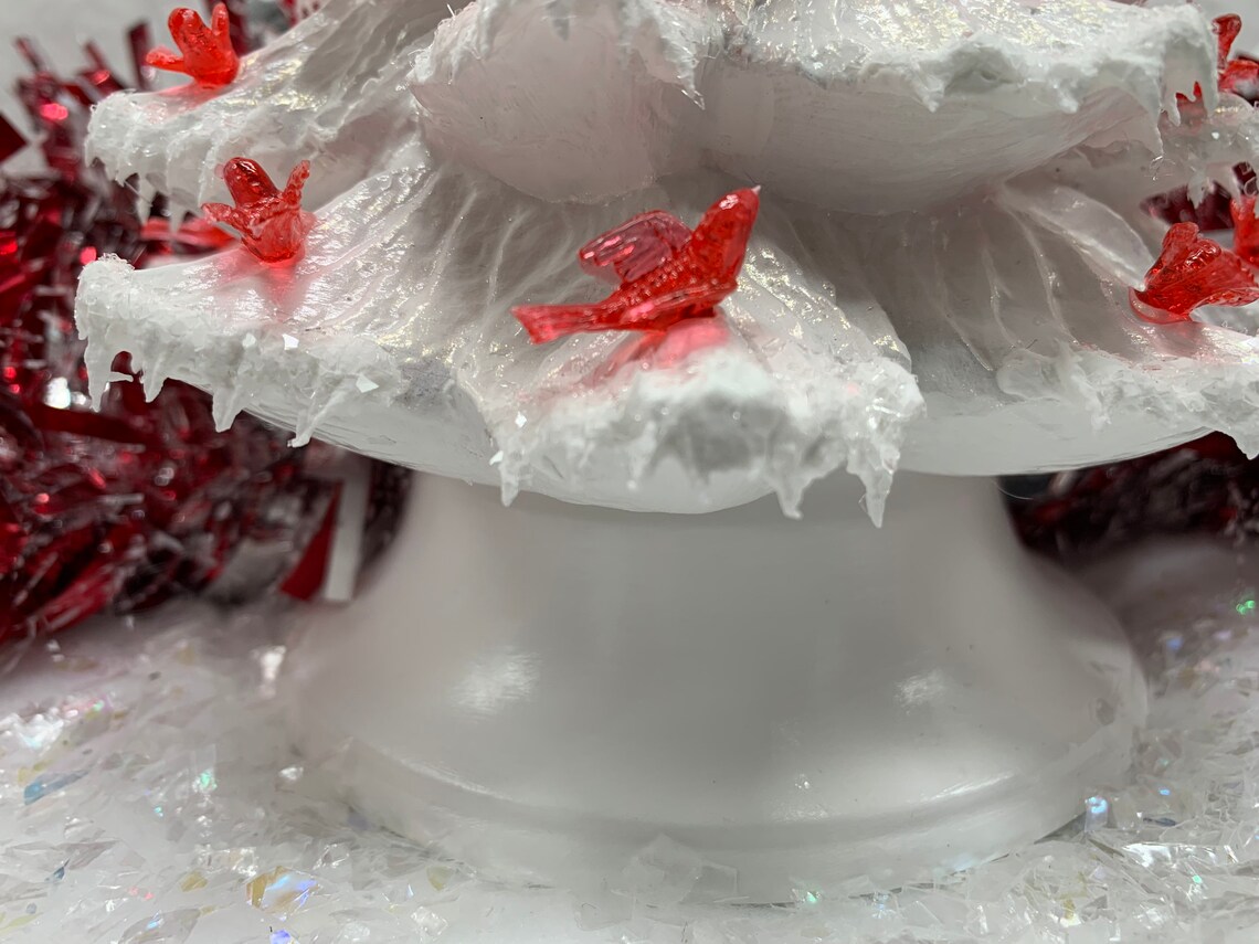 Ceramic Christmas Tree White Small Red Birds Gold Shimmer and - Etsy