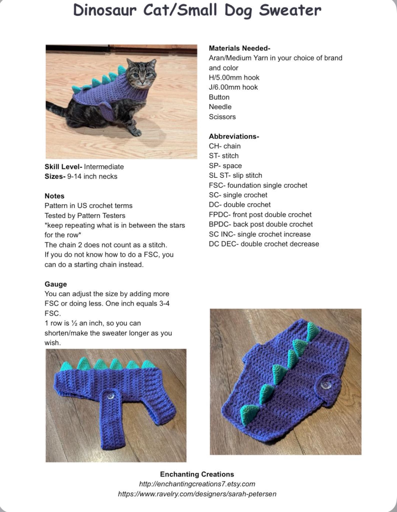 Cat Dinosaur Sweater Crochet Pattern, Dog Dinosaur Sweater, Small Pet ...