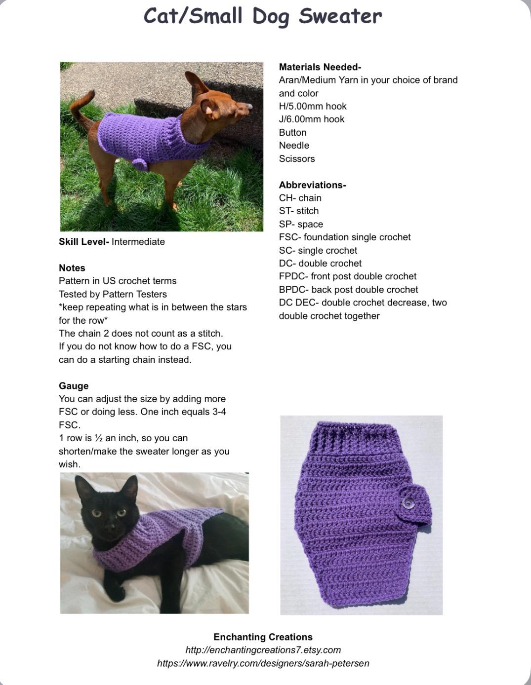 Crochet Pattern Cat Sweater, Cat Clothes Pattern, Dog Clothes Pattern ...