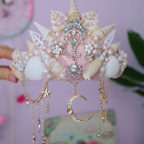 Pink Crystal Diamond Jewel Sea Shell Mermaid Crown Gold | Etsy