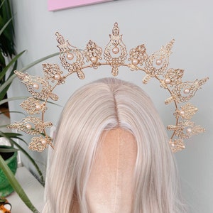 Gold Halo Ivory Pearl Layered Hair Band Headband Crown Piece Tiara ...