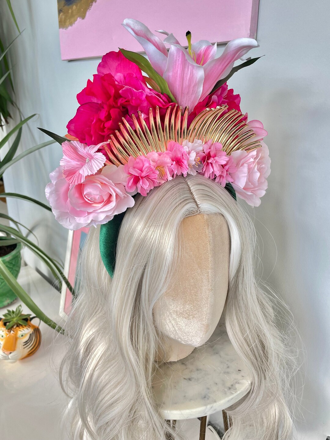 Exotic Tropical Lily Rose Peony Fushia Baby Pink Flower Crown Hair Band ...