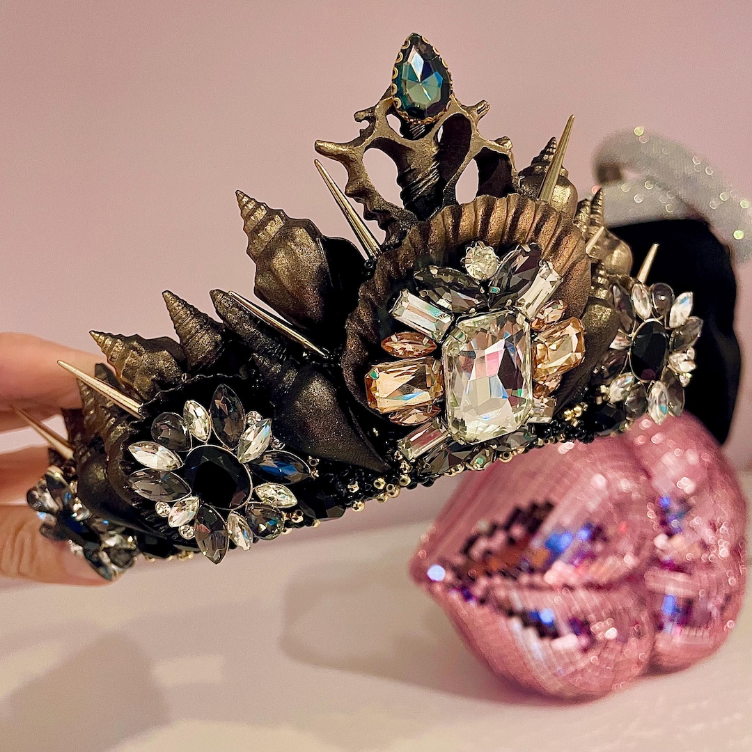 Black Gold Sea Shell Mermaid Crown Hair Band Headband Diamond Jewelled ...