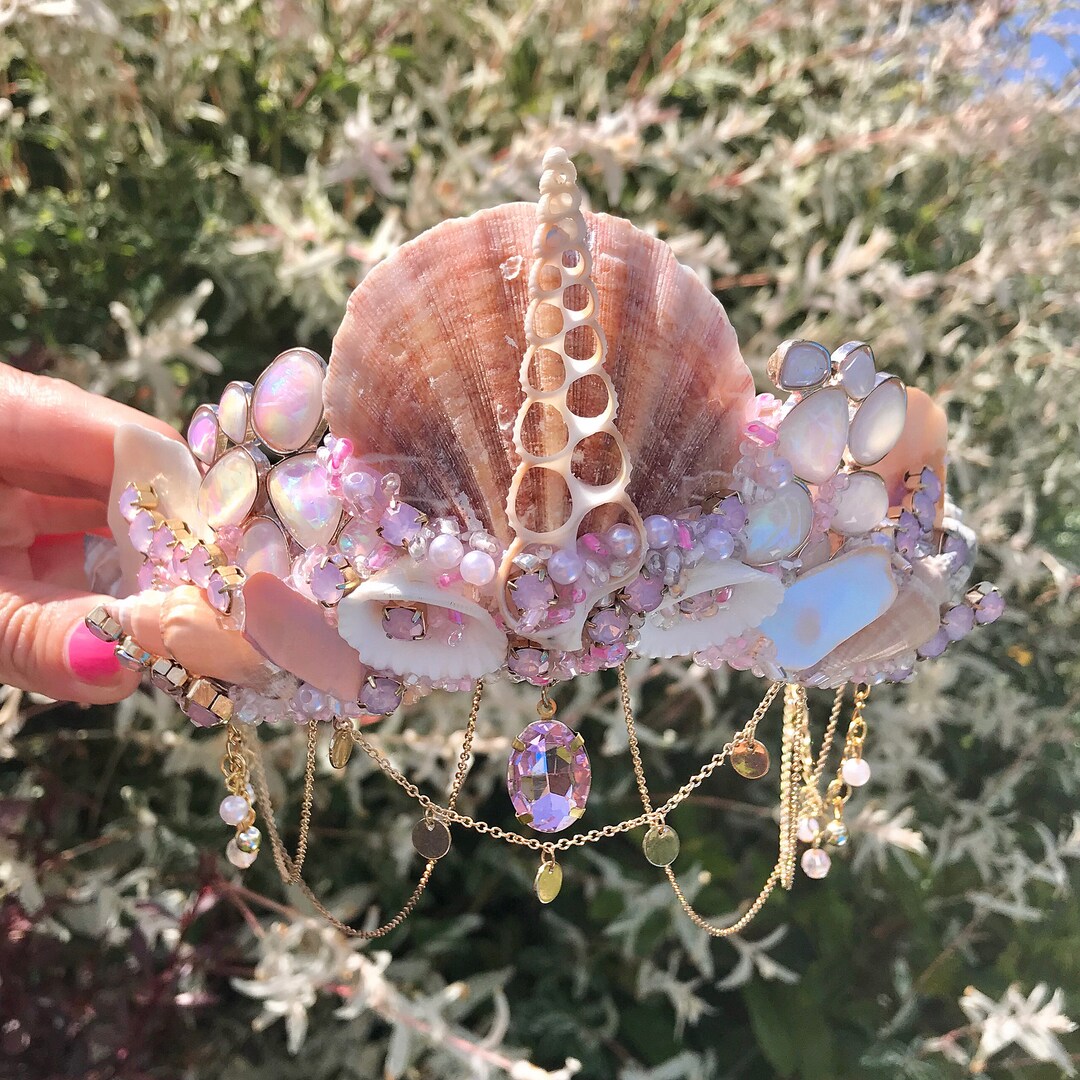 Odele Pink Crystal Pearl Natural Sea Shell Mermaid Crown Hair Headband ...