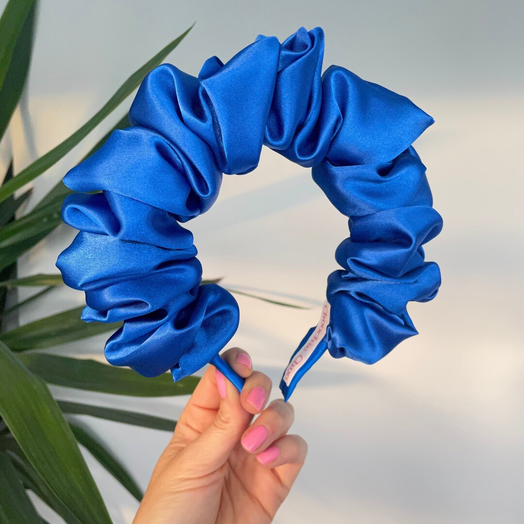 Cobalt Royal Blue Scrunchie Crown Silk Satin Rouched Hair Band Headband ...