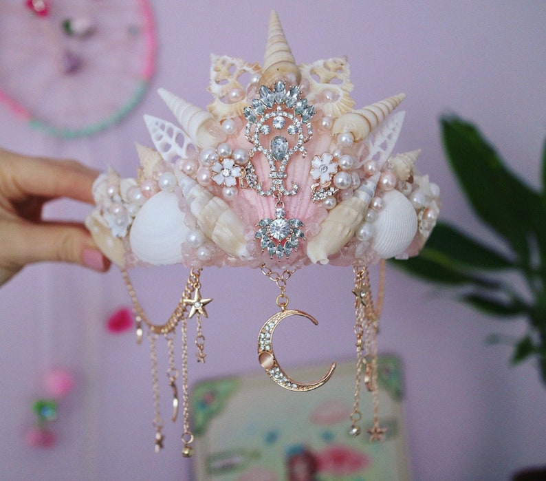 Pink Rose Quartz Crystal Sea Shell Mermaid Crown Hair Head | Etsy