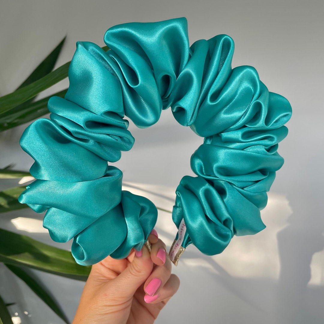 Turquoise Green Scrunchie Crown Silk Satin Twist Rouched Hair Band ...