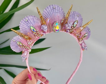 Pastel Purple Pink Blue Gold Diamond Jewelled Sea Shell Mermaid Crown ...