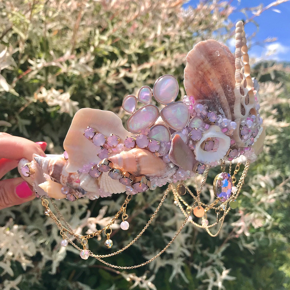 Odele Pink Crystal Pearl Natural Sea Shell Mermaid Crown Hair Headband ...