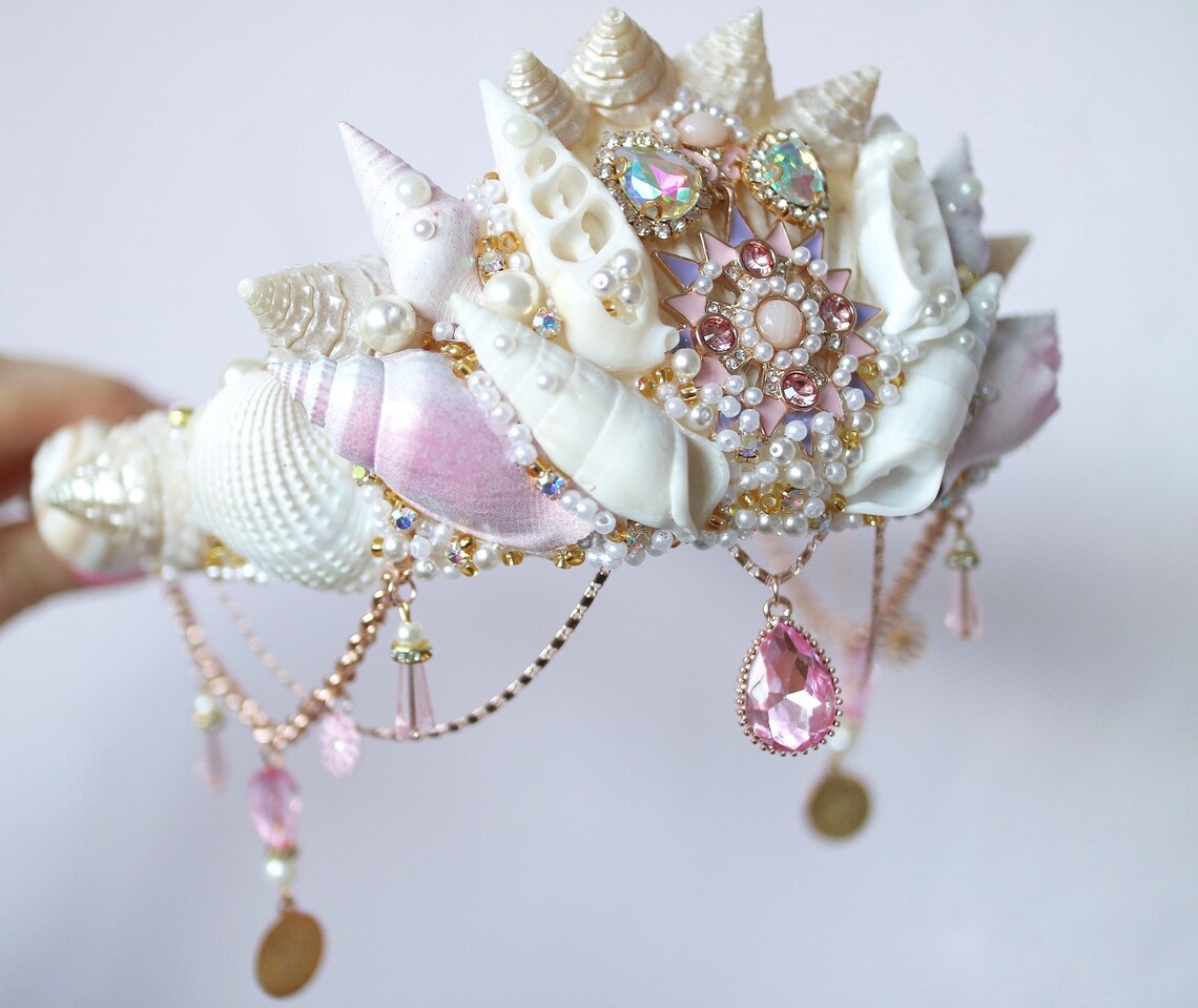 Pink Crystal Diamond Jewel Sea Shell Mermaid Crown Gold Dangling Chain ...