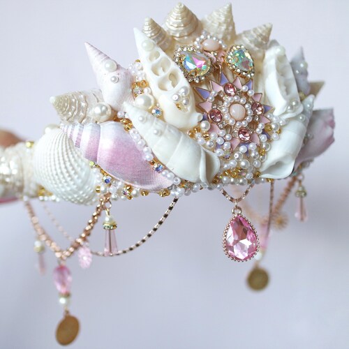 Pink Crystal Diamond Jewel Sea Shell Mermaid Crown Gold | Etsy