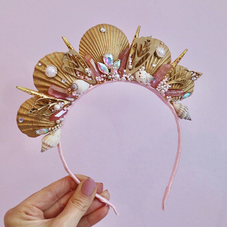 Pink Gold Crystal Quartz Mermaid Crown Sea Shell Hair Head | Etsy