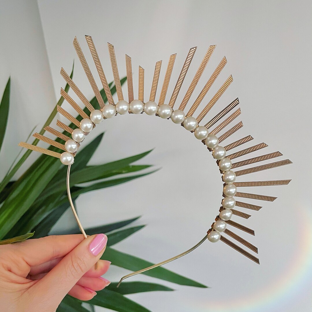 Gold Spike Halo Ivory Pearl Hair Band Headband Crown Piece Tiara ...