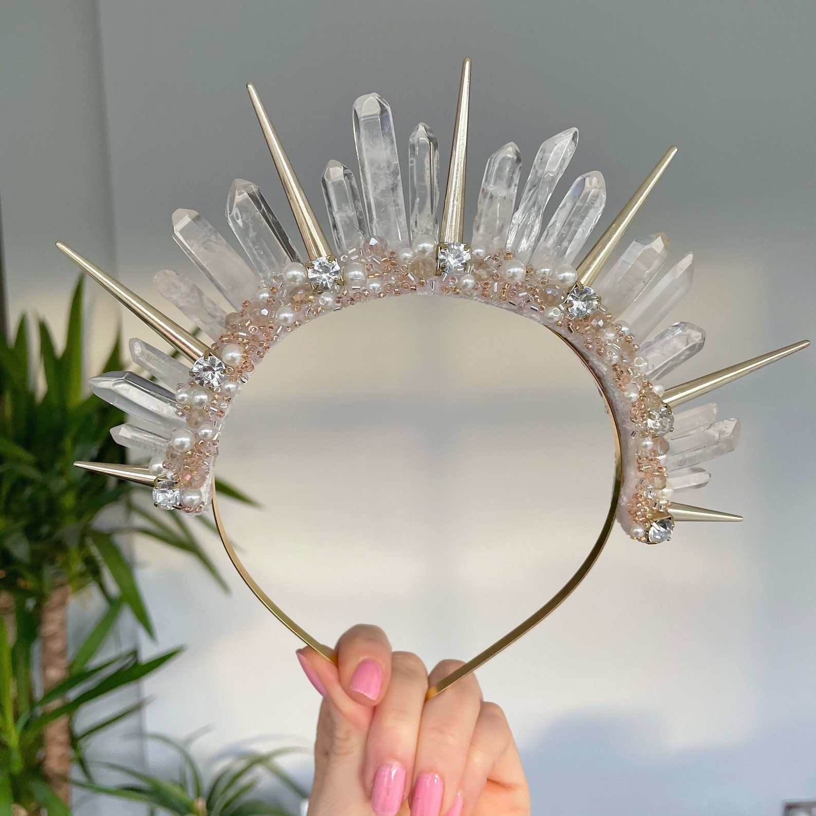 Aurelia Clear Quartz Crystal Jewel Spike Halo Crown Tiara Hair Band ...