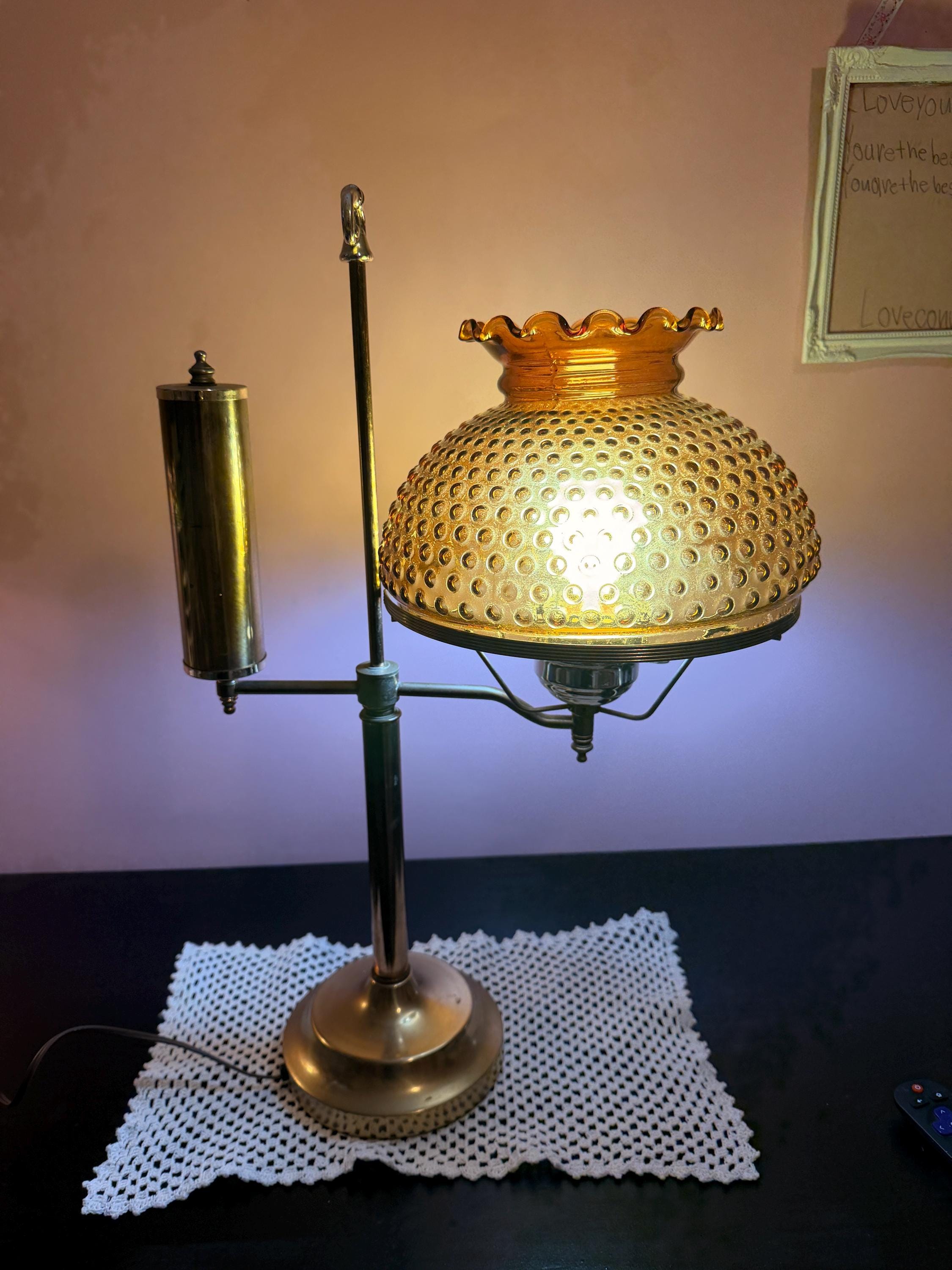 Vintage-style, Double-arm Hurricane Table Lamp, Brass Finish, Amber ...
