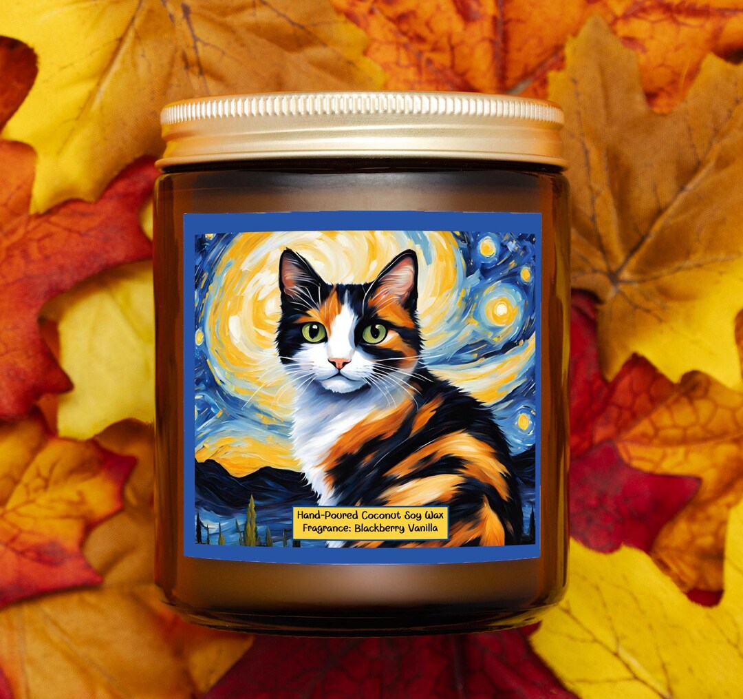 Calico Cat Starry Night Candle Amber Jar 9oz, Van Gogh Inspired Gift ...